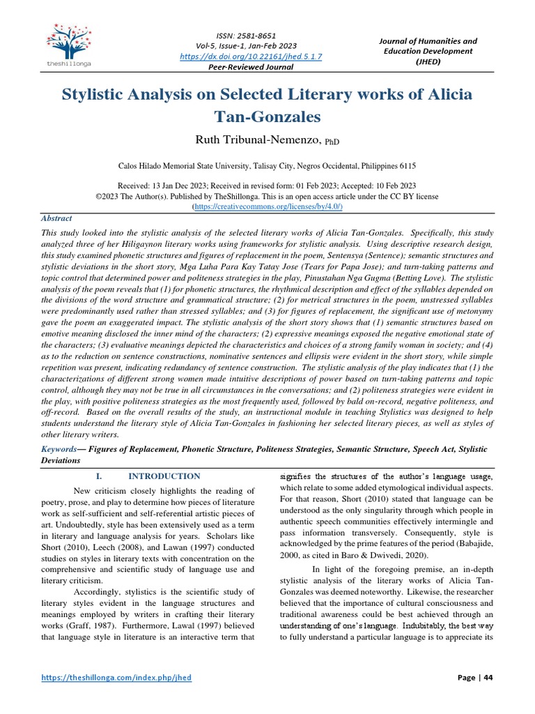 Stylistic Analysis On Selected Literary Works of Alicia Tan-Gonzales | PDF | Poetry | Data