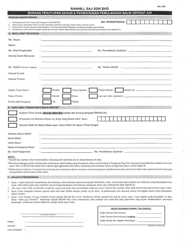 BORANG PENUTUPAN AKAUN - TerminationOfWaterSupplyApplicationForm | PDF