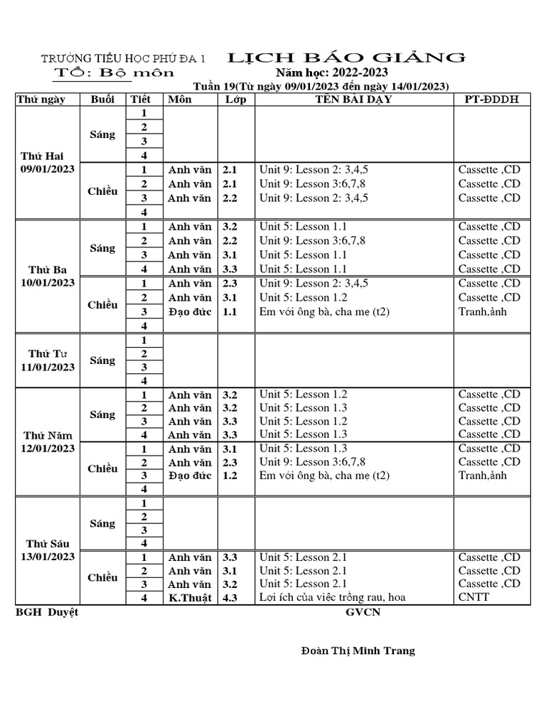 Lịch báo giảng Trang NH 2022- 2023 (HKII) | PDF