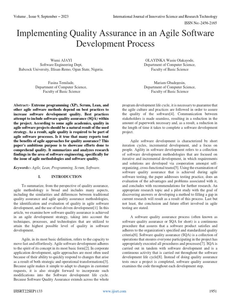 Implementing Quality Assurance In An Agile Software Development Process