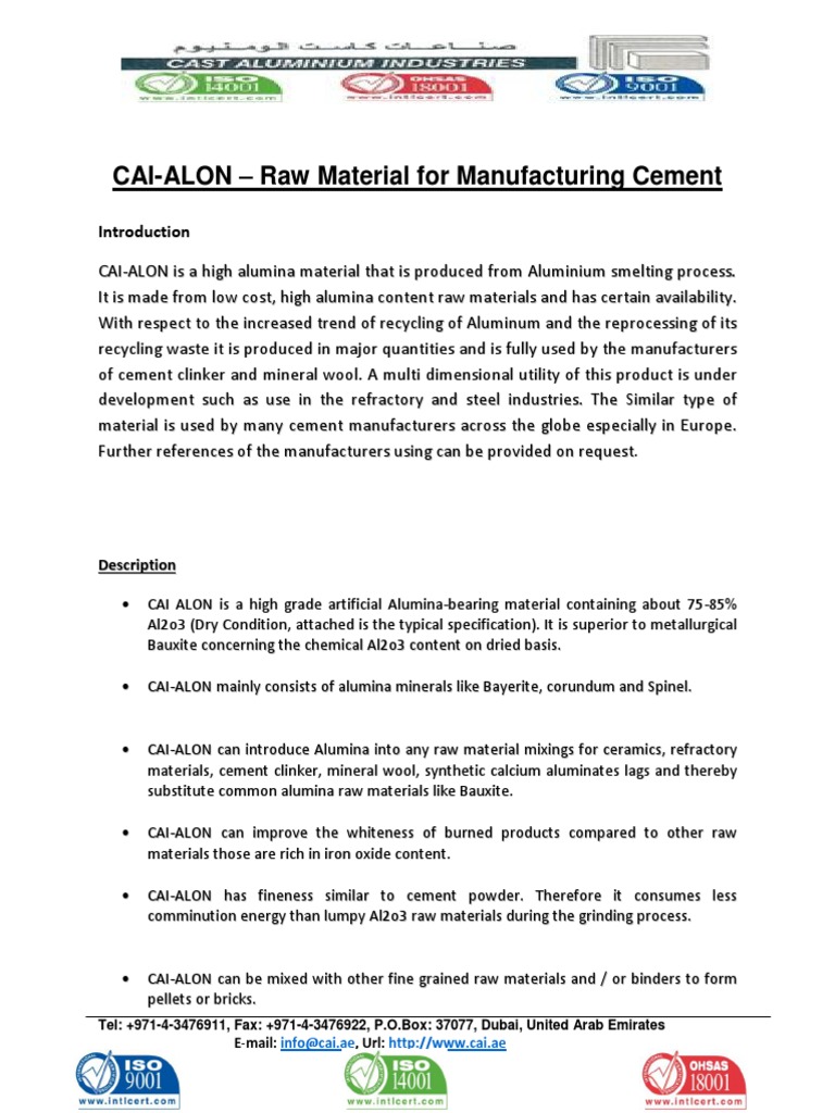 CAI-ALON cement raw material | PDF | Cement | Aluminium Oxide