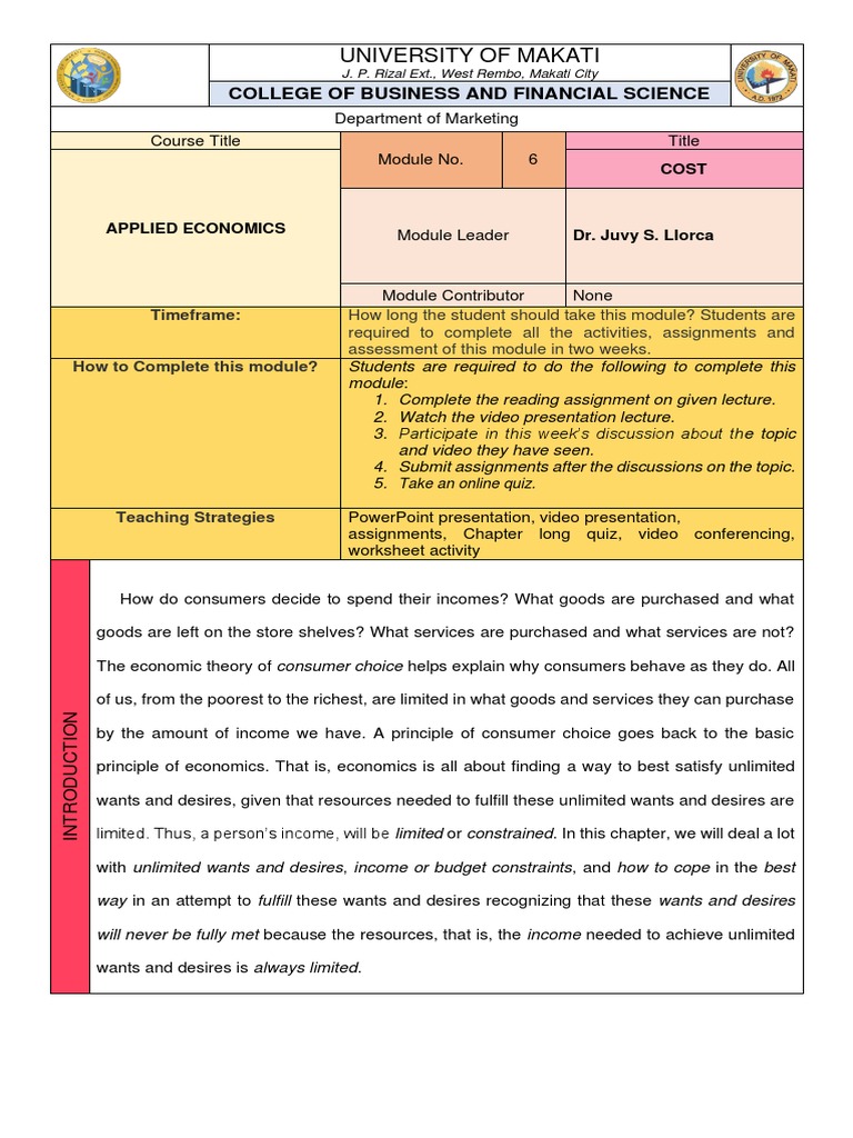 Applied Eco. Module 6 Costs | PDF | Marginal Cost | Average Cost