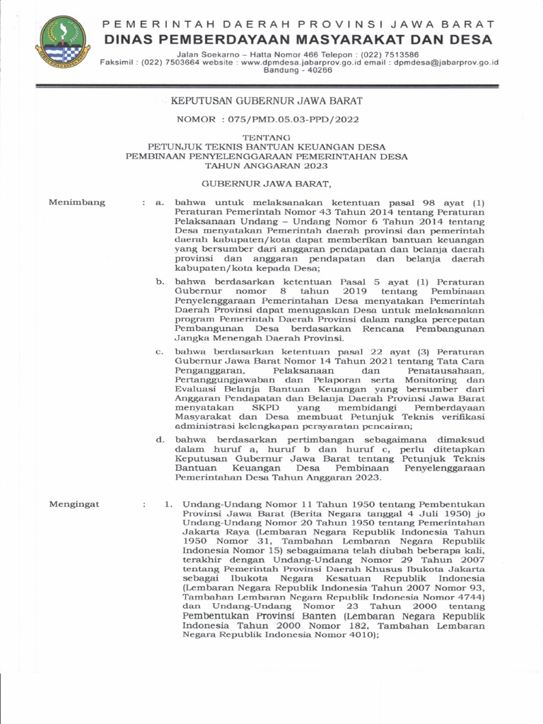 2022-12-23 PPD SK GUB TTG JUKNIS BANKEUDES 2023 Kep.075 - PMD.05.03 - PPD | PDF