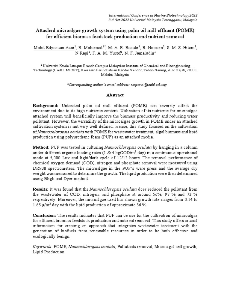 Microalgae growth system using POME for biomass and nutrient removal ...