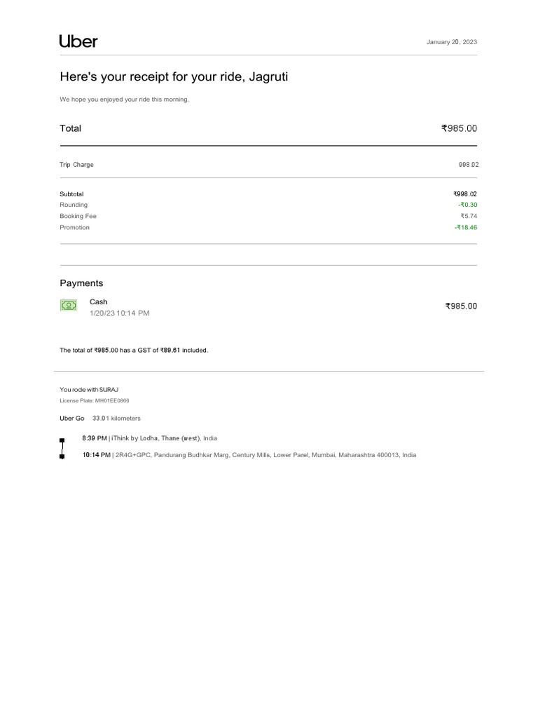 Receipt for ride with Uber Go from Thane to Lower Parel | PDF