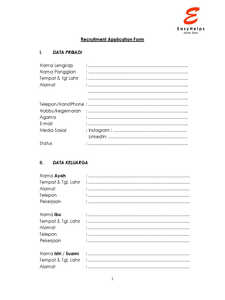 Form Biodata Pelamar - EasyHelps | PDF