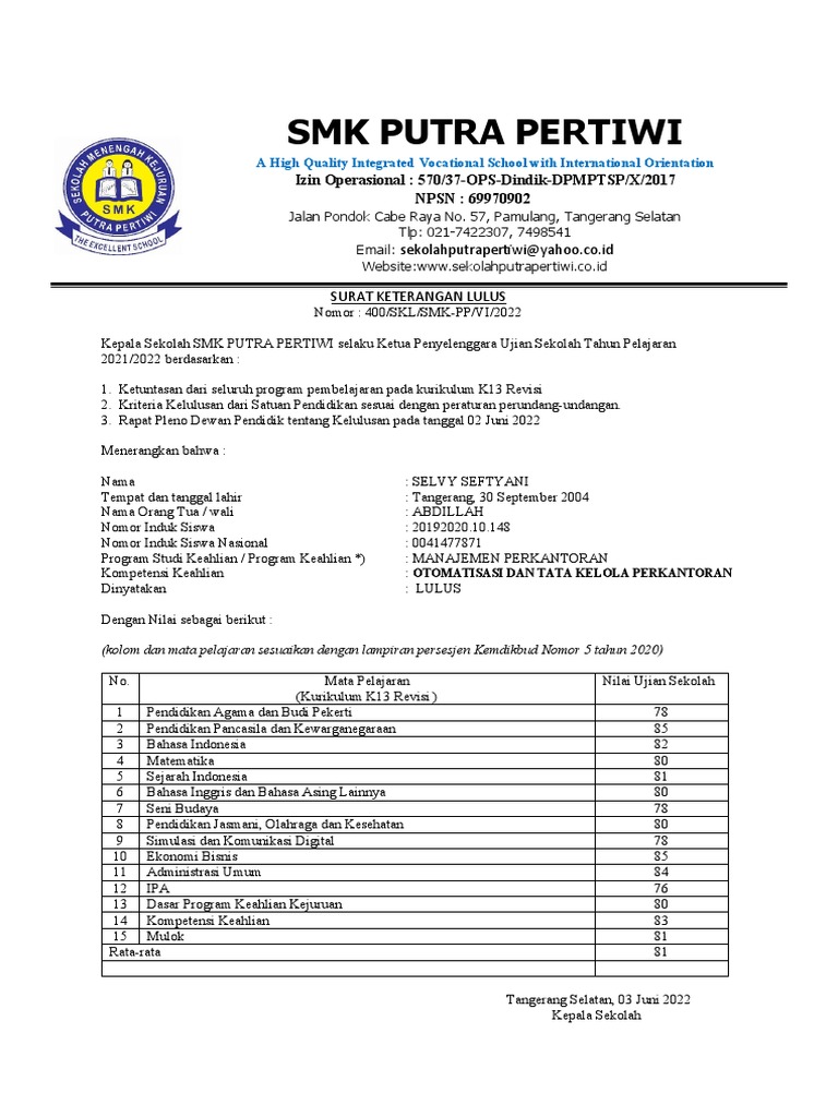 Format SKL Otkp Selvy Seftyani | PDF