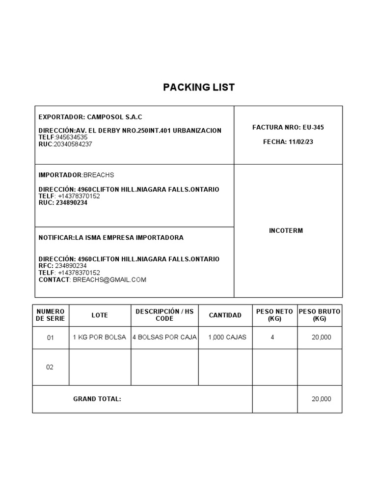 PACKING-LIST-ARANDANOS | PDF