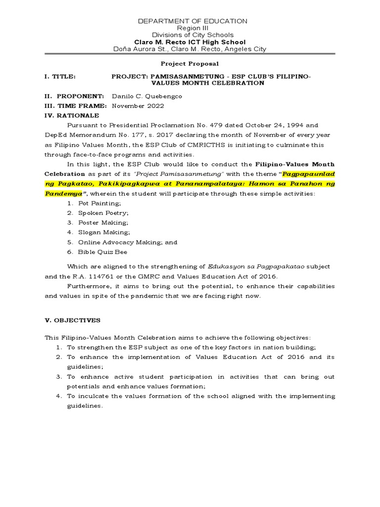 CMRICTHS Filipino Values Month Celebration | PDF