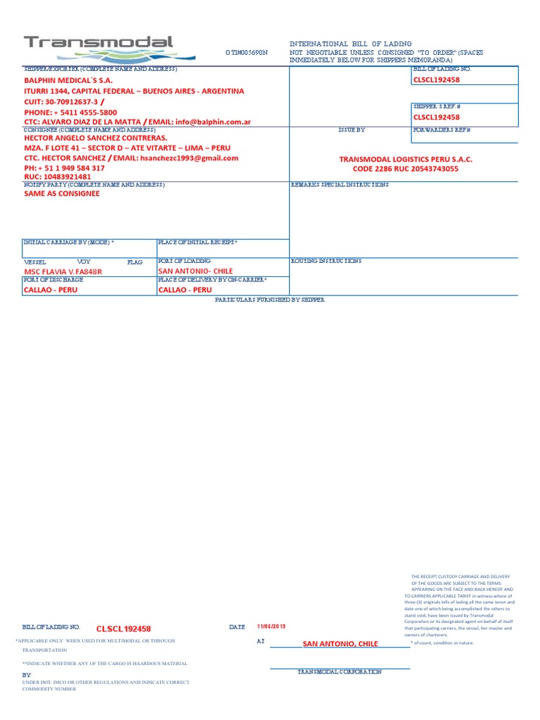 BL Formato | PDF | Bill Of Lading | Cargo