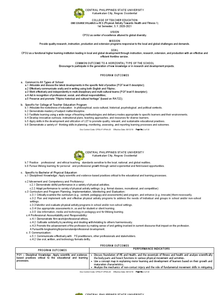 P.E 3 Syllabus Updated | PDF | Learning | Curriculum