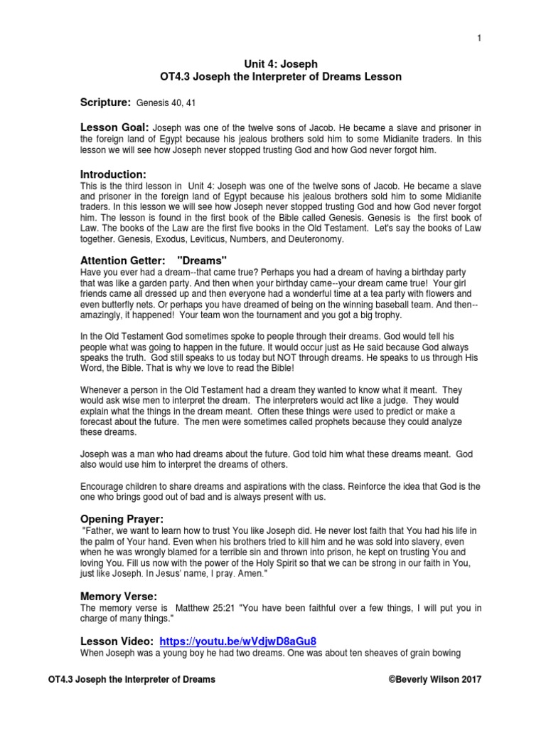 OT4.3 Joseph The Interpreter of Dreams Lesson | PDF | Book Of Genesis | Dream