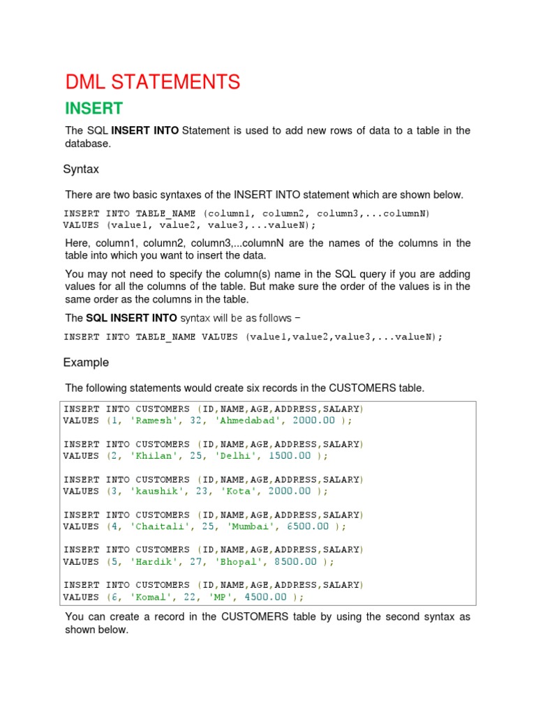 DML Statements | PDF | Computer Programming | Computing DML Statements | PDF | Computer Programming | Computing
