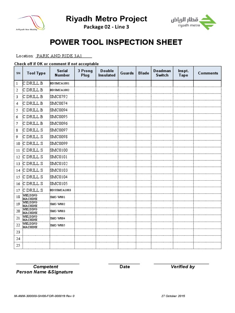 M-ANM-300000-GH00-FOR-000019 Rev 0 - Power Tool Inspection Sheet DRILL+WMACHINE 3A1 | PDF