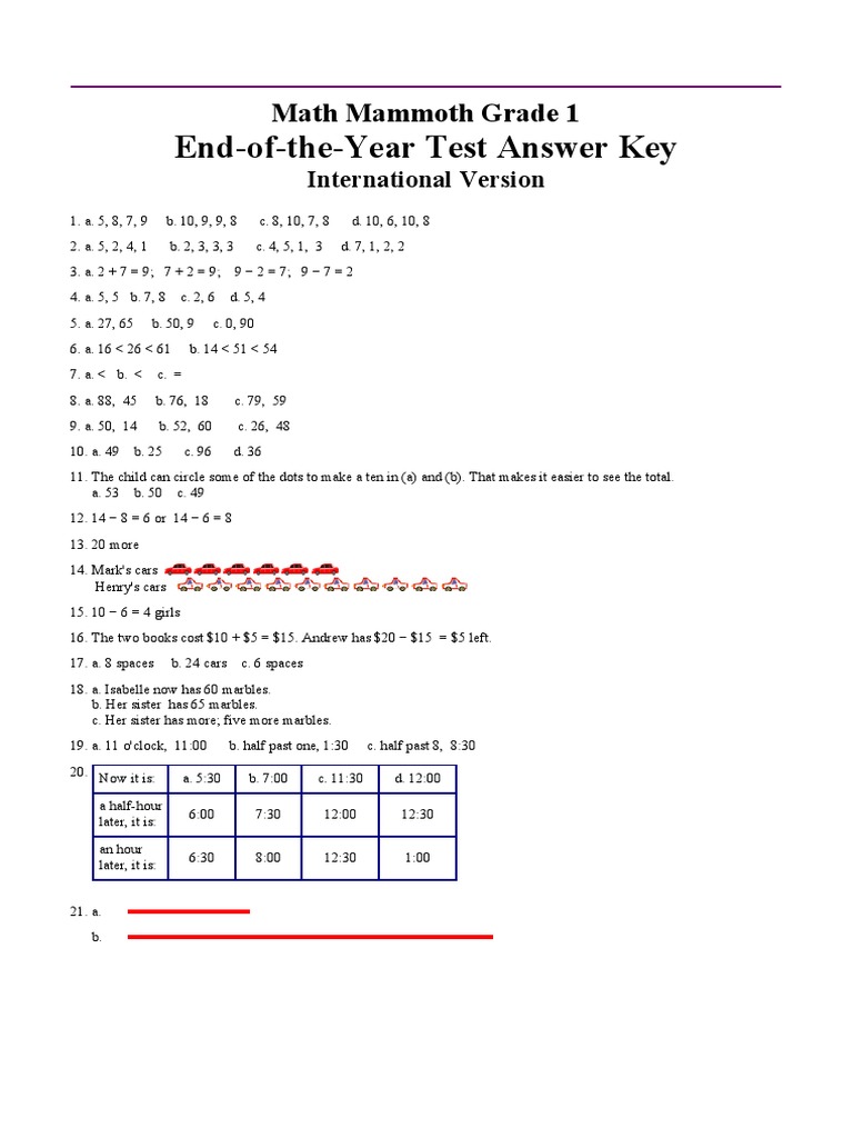 Grade 1 Math Test Answer Key | PDF