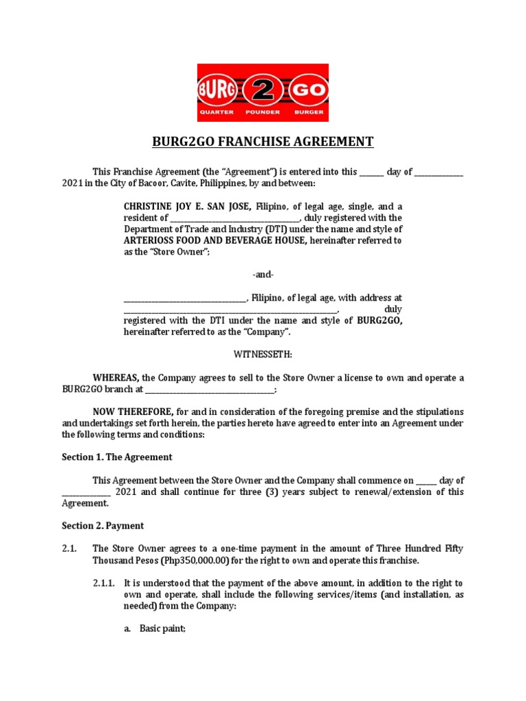 Burg2Go Franchise Agreement | PDF | Copyright | Trademark