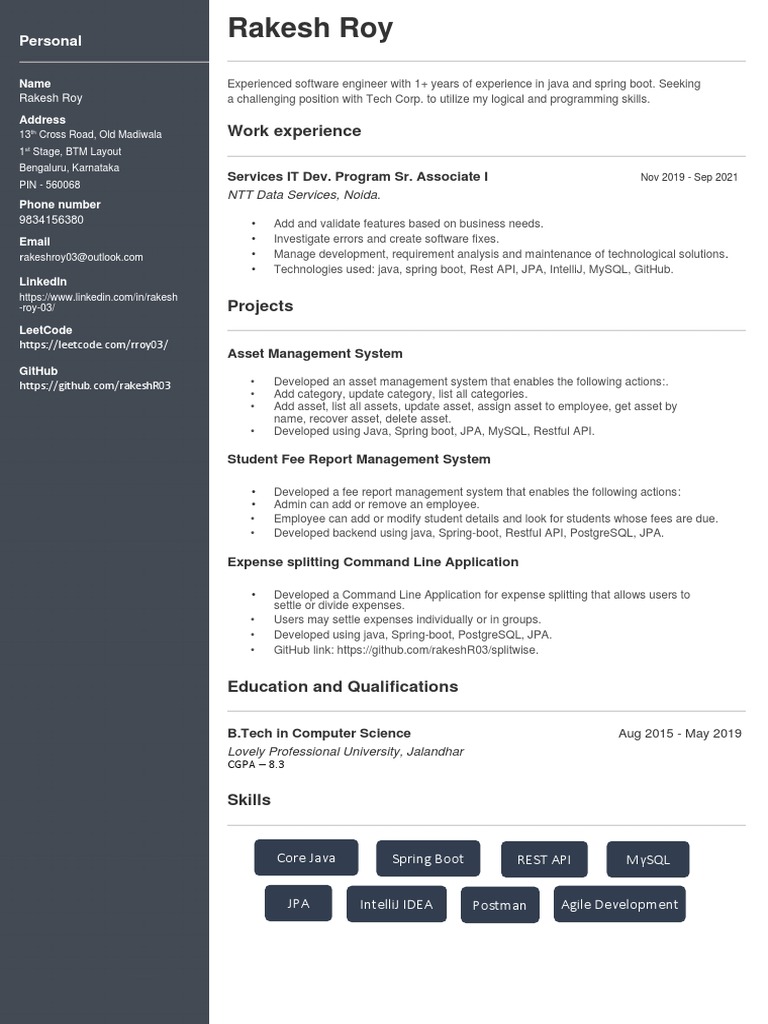 Work Experience Personal Pdf Spring Framework Java Programming Language