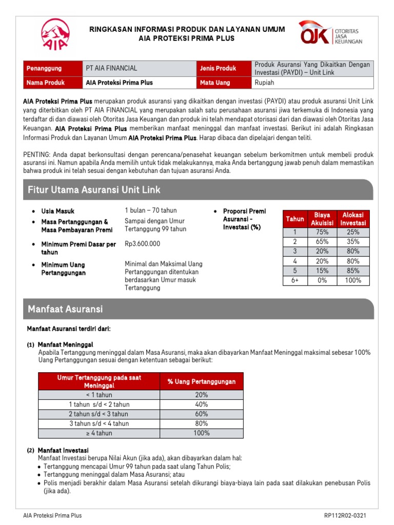 RIPLAY Umum - AIA Proteksi Prima Plus - RP112R02-0321 | PDF | Bisnis ...