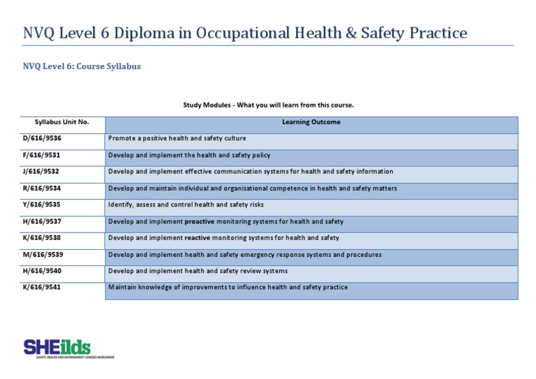 NVQ Level 6 Health & Safety Diploma Syllabus | PDF | Self-Improvement ...