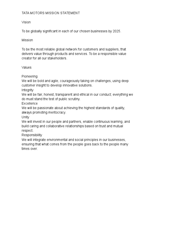 Tata Motors Mission Statement | PDF