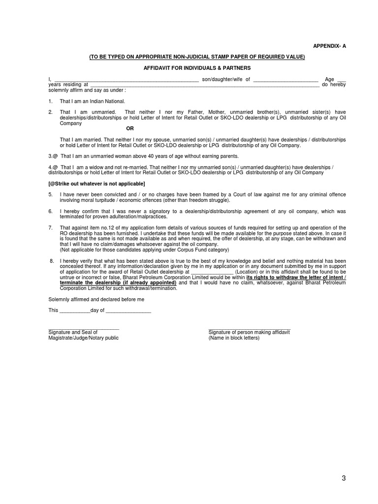Application For HPCL Retail Outlet Petrol Pump Dealership Affidavit For ...