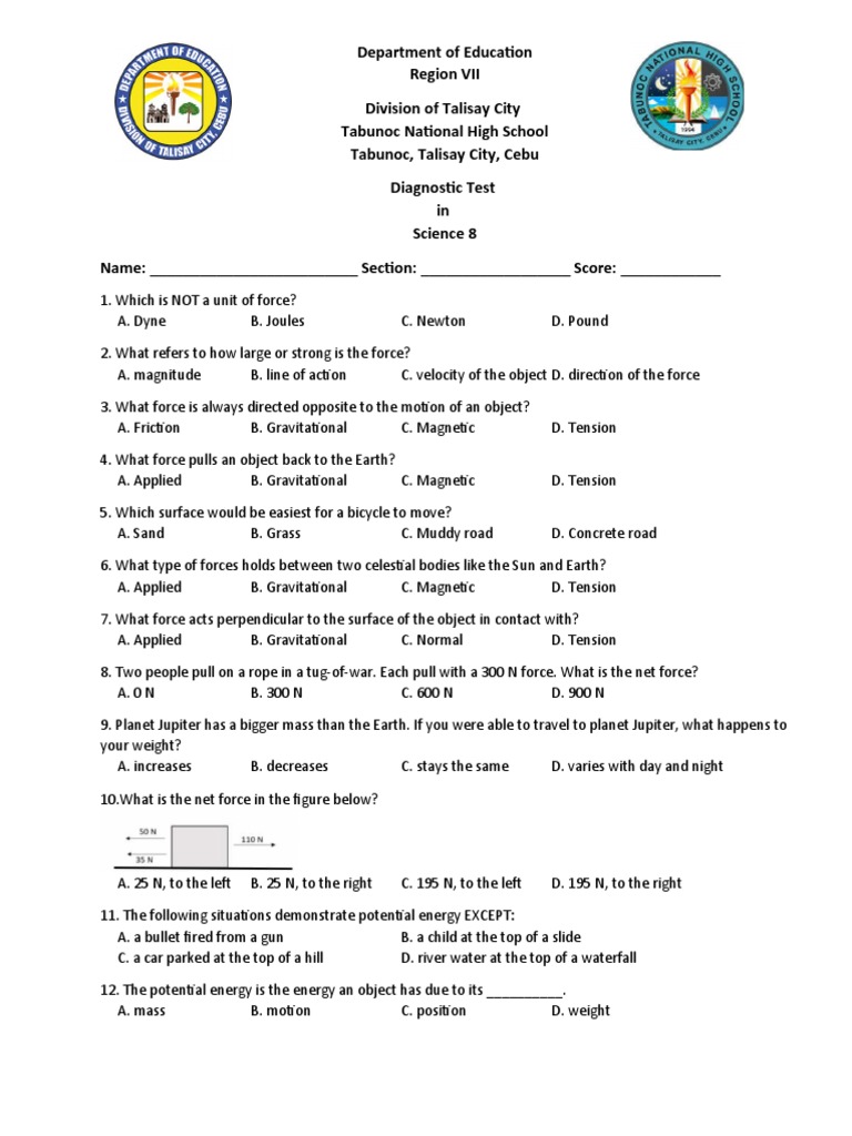 Science 8 Diagnostic Test Questions | PDF | Force | Sound