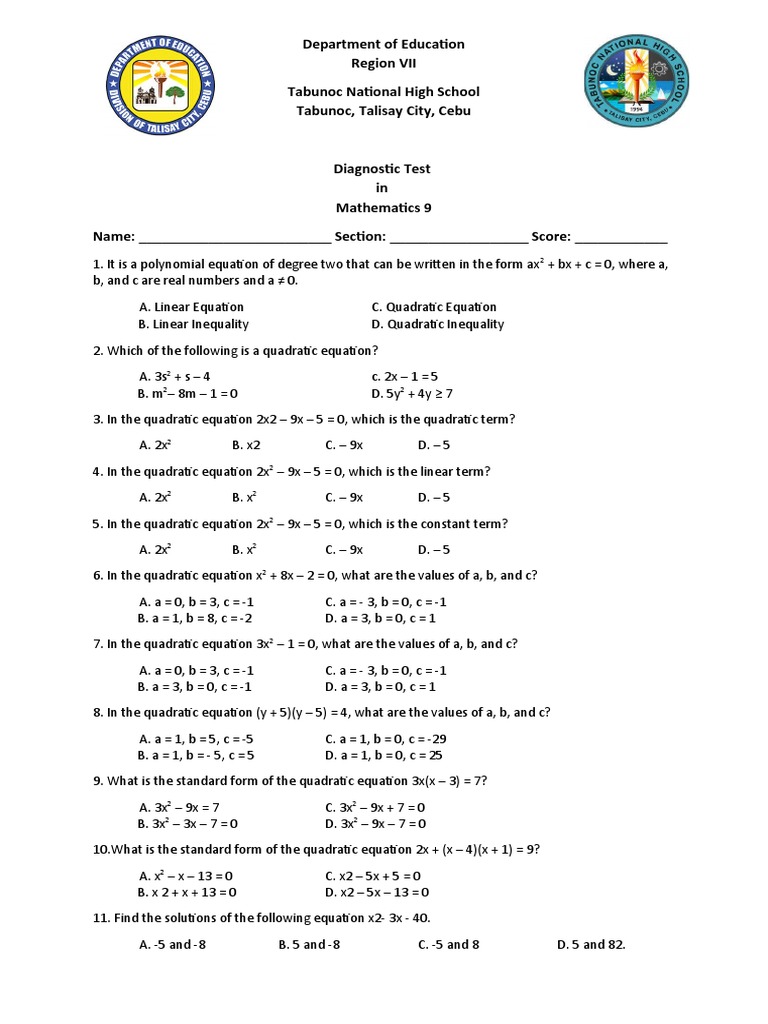 Diagnostic Test (Math 9) | PDF | Equations | Quadratic Equation