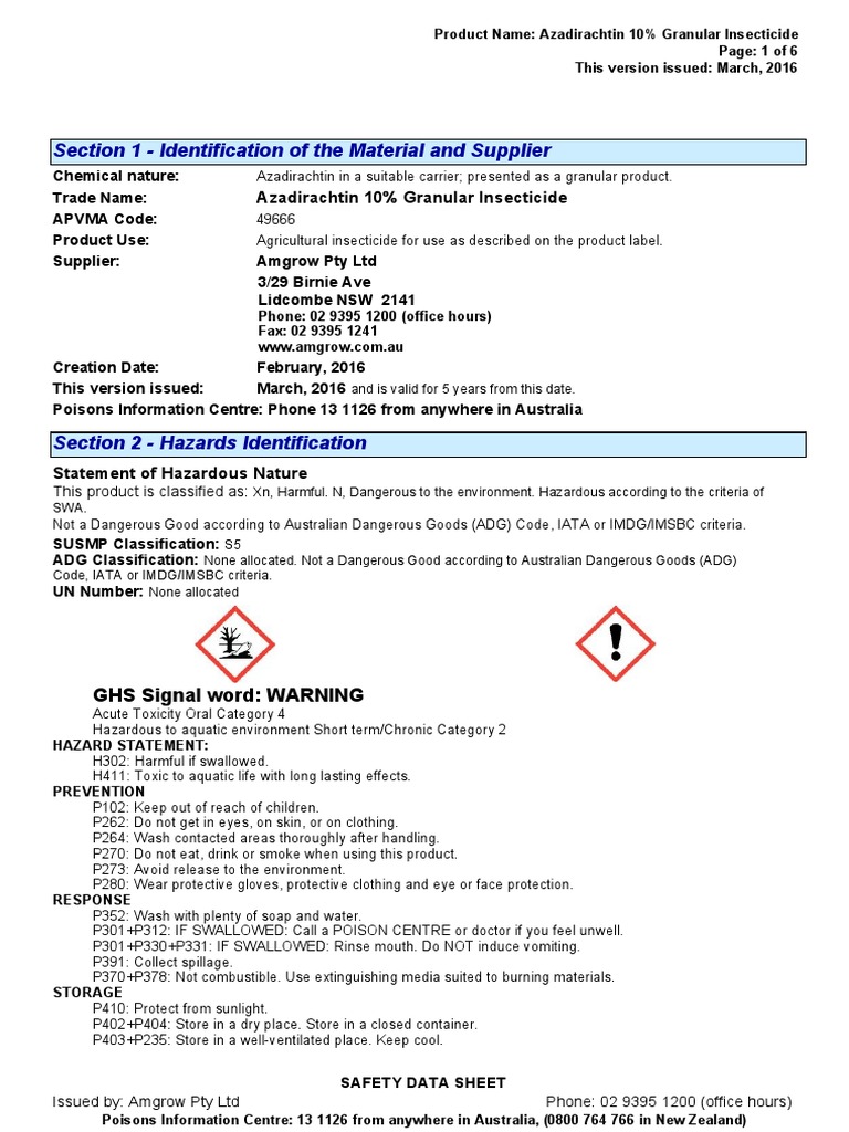 Azadirachtin 10% Granular Insecticide Safety Data Sheet | PDF | Soil ...