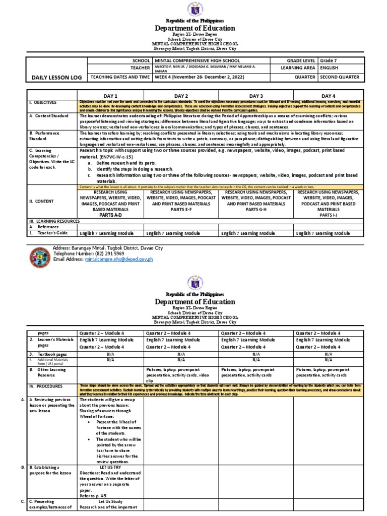 English 7 DLL Q2 Week 4 | PDF | Learning | Teachers