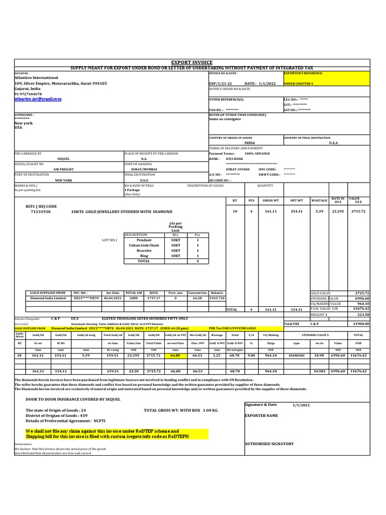 Export Invoice & Packing List | PDF | Invoice | Fineness