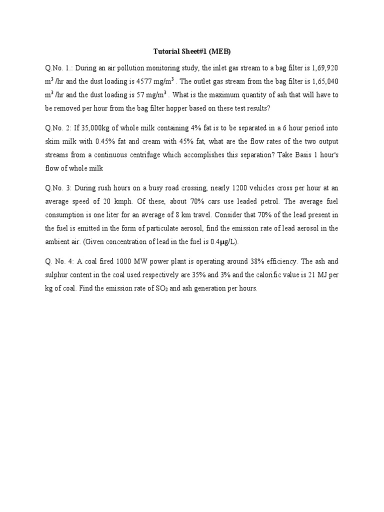 Tutorial Sheet - Simple Numericals On Unit Mass Balance | PDF