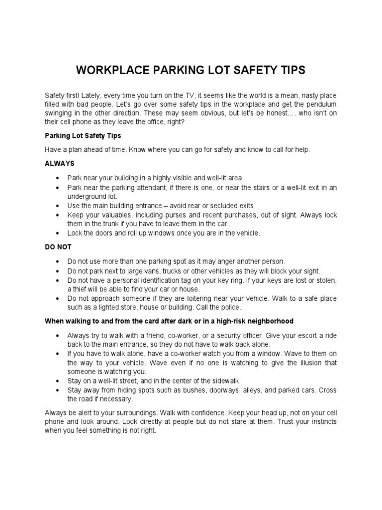 Workplace Parking Lot Safety Tips Pdf