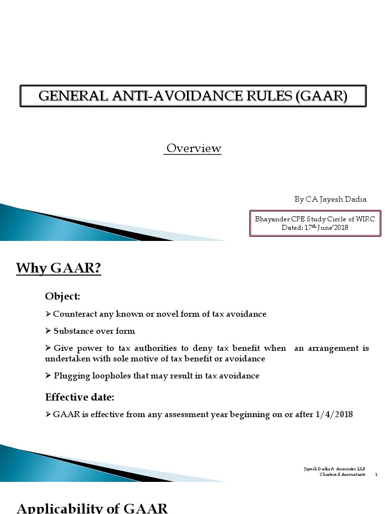 GAAR Presentation | PDF | Tax Avoidance | Capital Gain