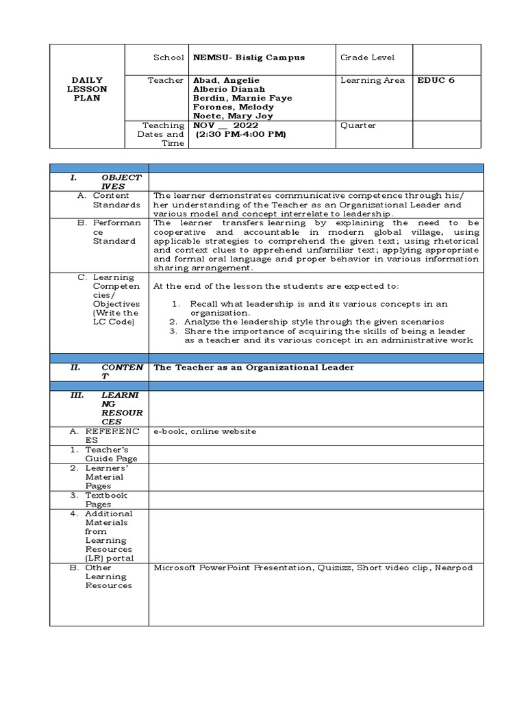 Teacher As Organizational Leader Educ 6 BERDINS GROUP | PDF | Leadership | Cognition