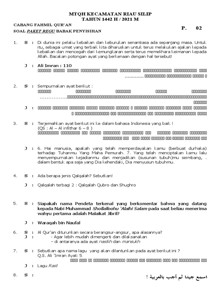 Soal MTQH Riau Silip 2021: Cabang Fahmil Qur'an | PDF | Seni & Disiplin ...