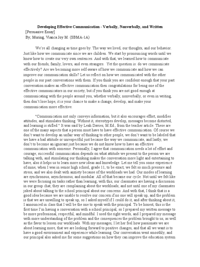 Muring, Vianca Joy M. - Persuasive Essay | PDF | Communication | Nonverbal Communication