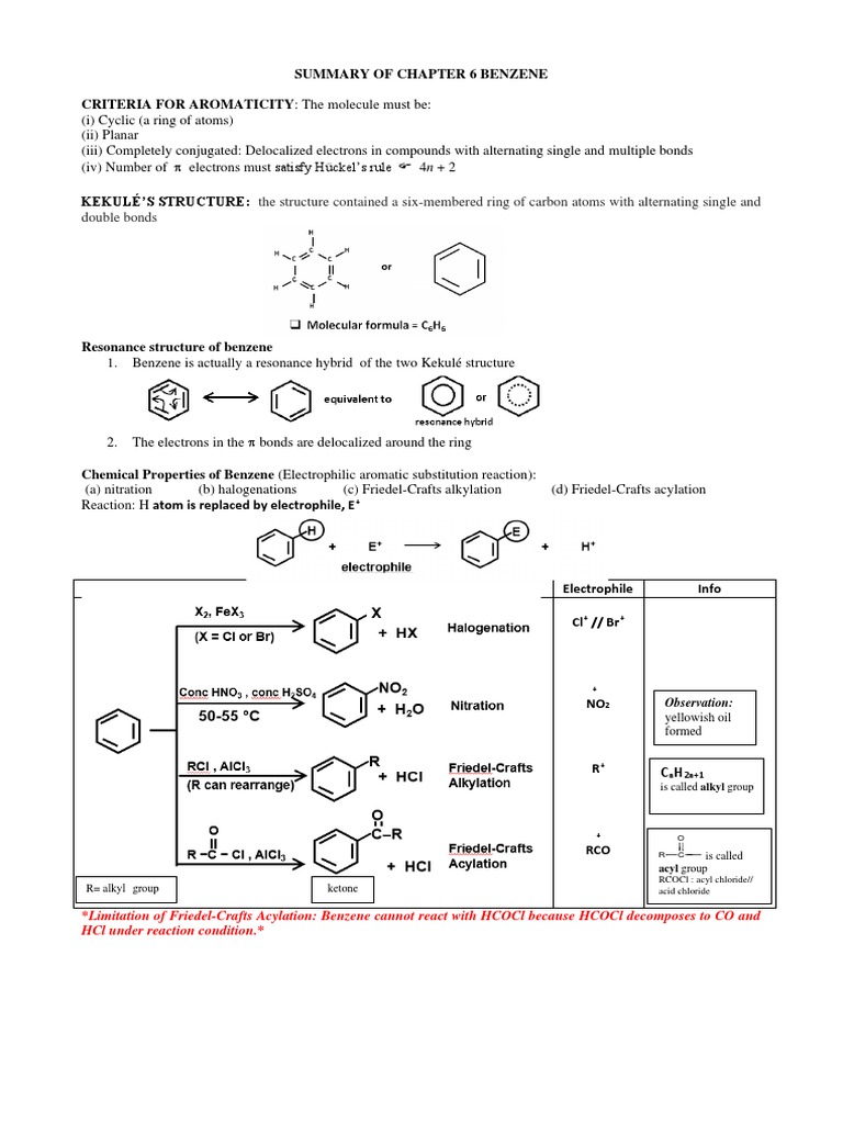 Summary of Chapter 6 Benzene | PDF | Aromaticity | Benzene