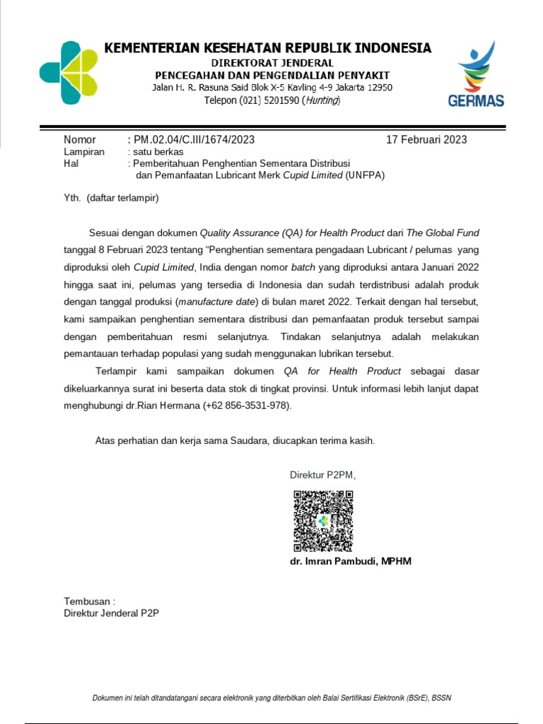Pemberitahuan Penghentian Sementara Distribusi Dan Pemanfaatan ...