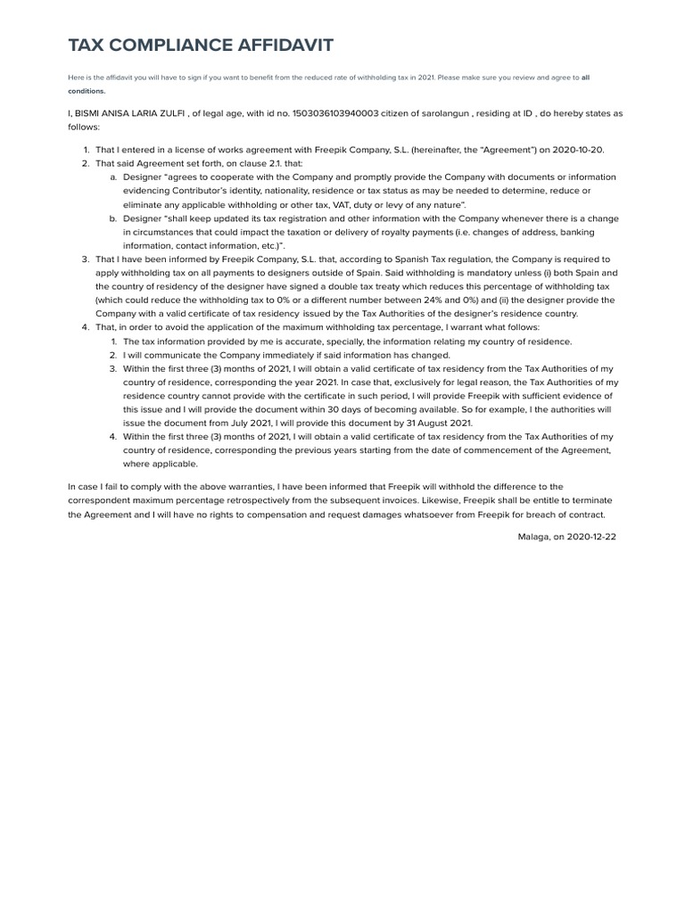 Tax Compliance Affidavit | PDF | Taxes | Breach Of Contract
