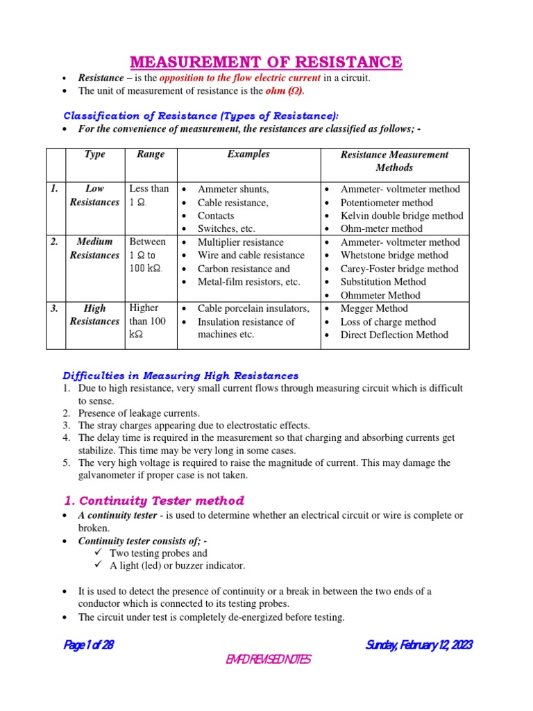 Methods for Measuring Electrical Resistance | PDF | Electrical ...