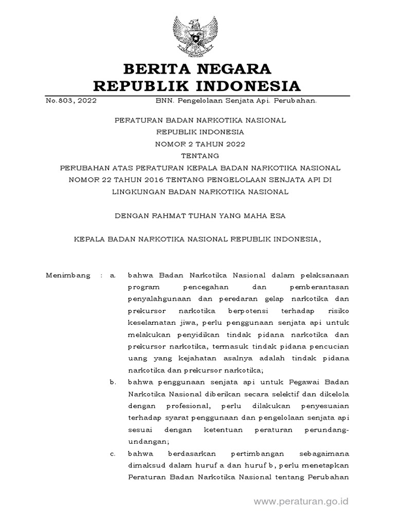 Per BNN TENTANG PENGELOLAAN SENJATA API DI LINGKUNGAN BNN | PDF