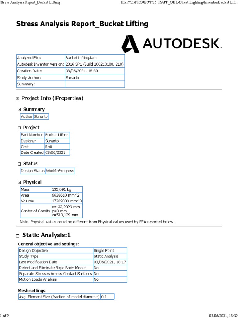 Stress Analysis Report - Bucket Lifting | PDF | Strength Of Materials | Classical Mechanics