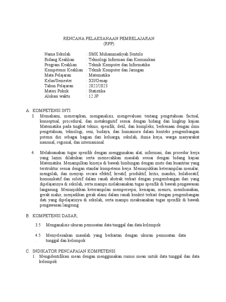 Contoh RPP Minimalis (Akreditasi) | PDF