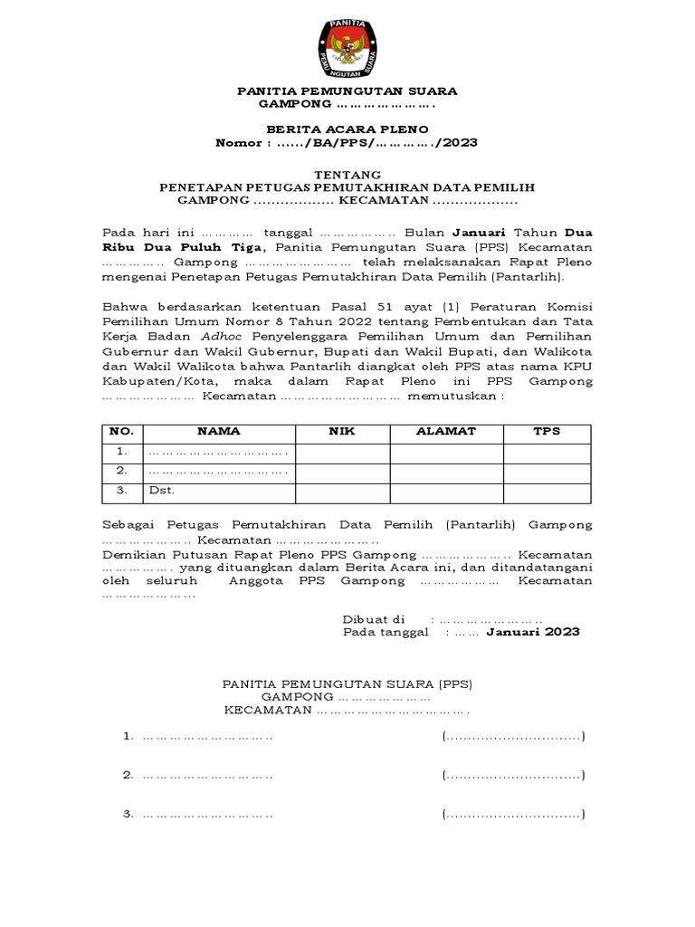 Berita Acara Penetapan Pantarlih 2024 | PDF