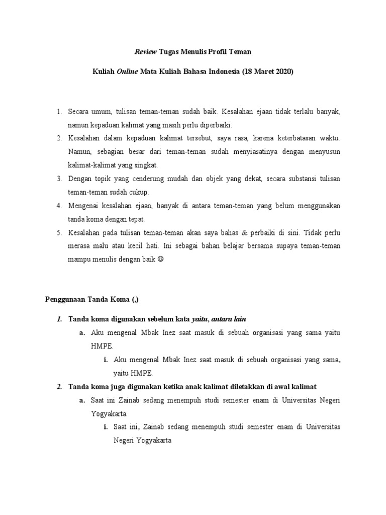 Review Tugas Menulis Profil Teman - Latihan UTS | PDF | Seni & Disiplin Bahasa | Kajian Bahasa Asing