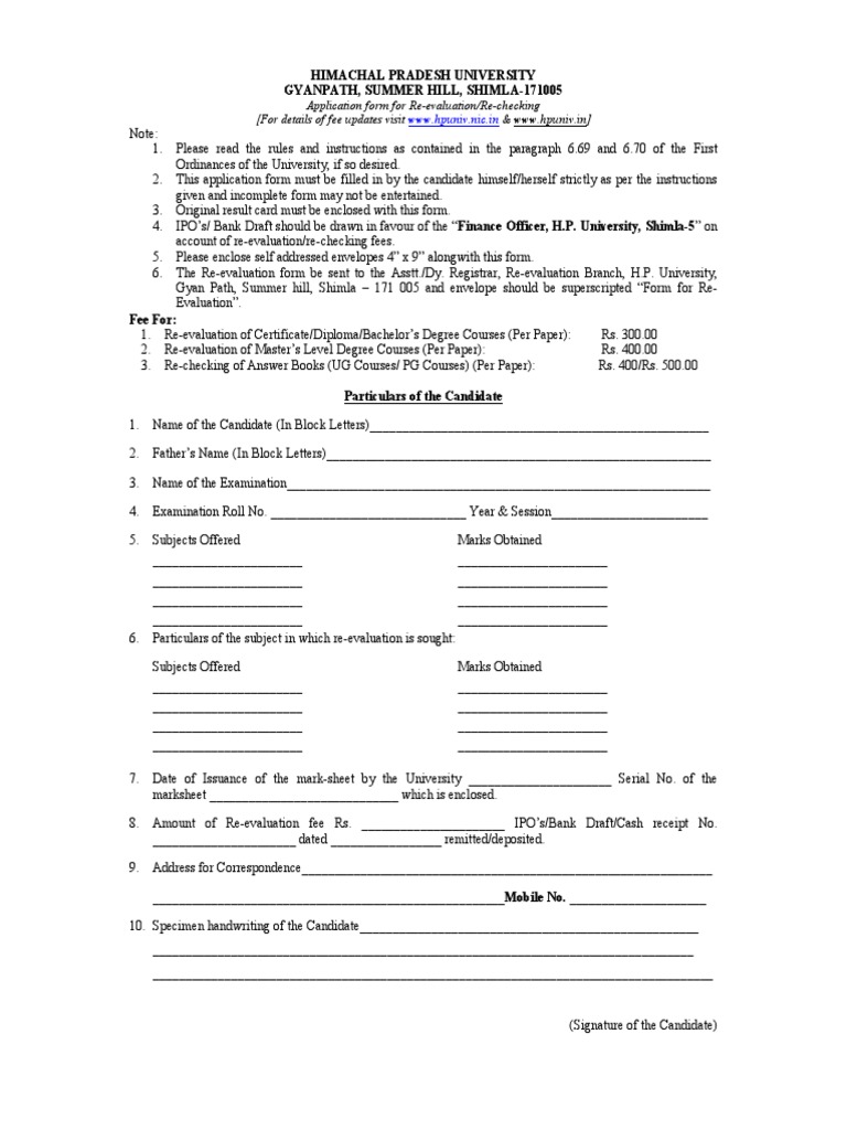HP University Re-evaluation Application Form | PDF | University And ...