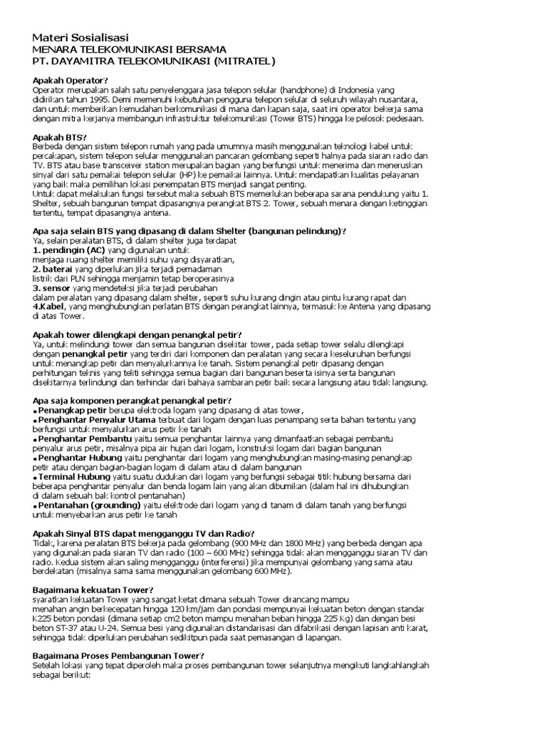 Daftar Pertanyaan Materi Sosialisasi Pendirian Menara Telekomunikasi | PDF