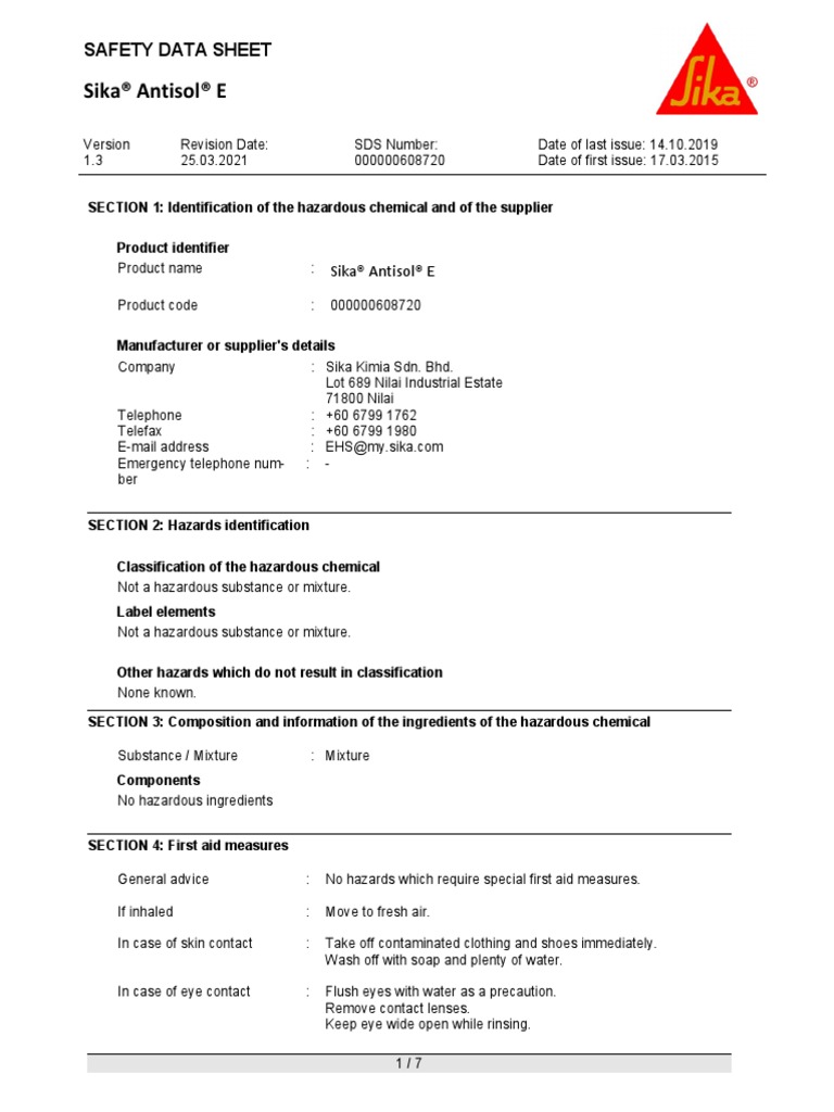 Sika-Antisol-E-SDS-en - MY | PDF | Dangerous Goods | Workplace