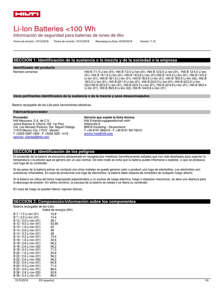 Material Safety Datasheet LI ION BATTERIES LT 100Wh ES Material Safety Datasheet IBD WWI ...