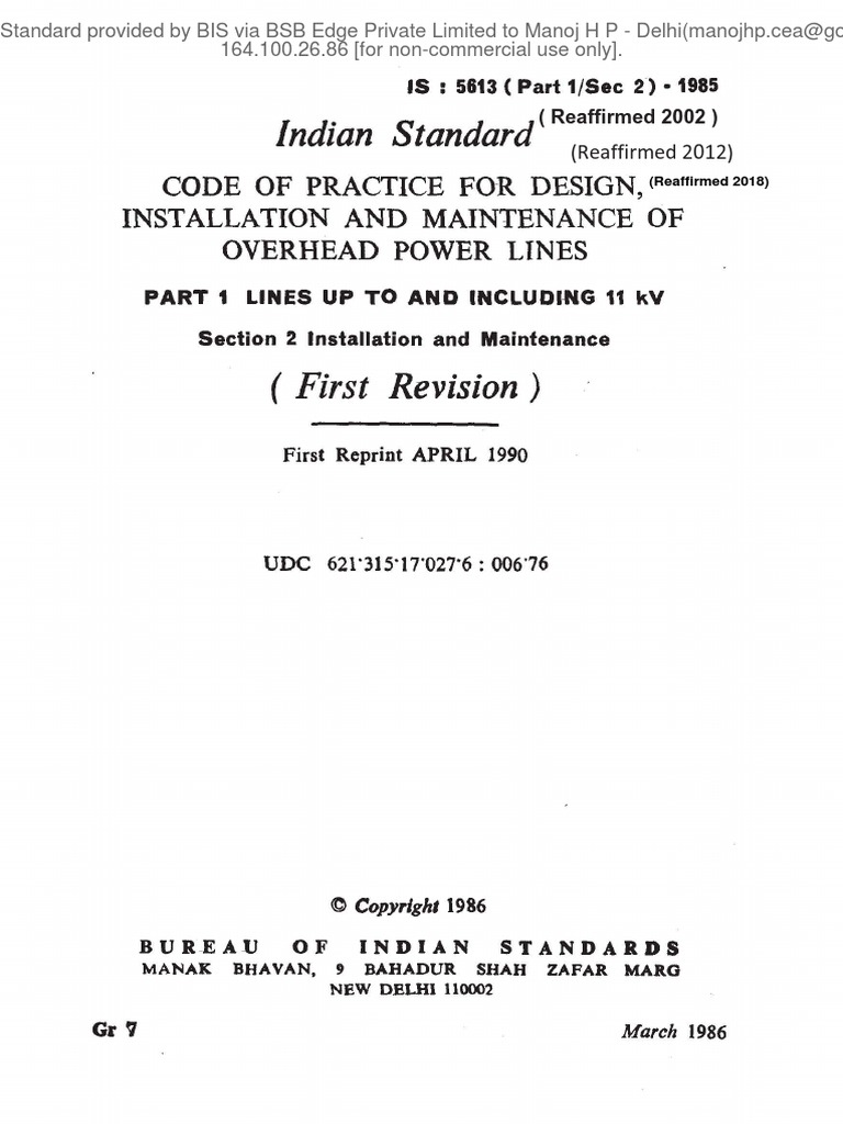 Indian Standard: Code of Practice Design, Installation and Maintenance ...